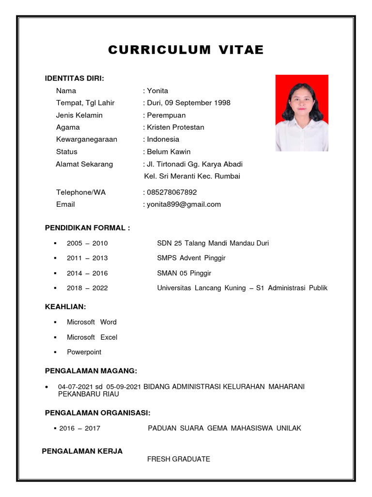 CV Lamaran Kerja Yonita AGRI | PDF | Kesehatan Holistik