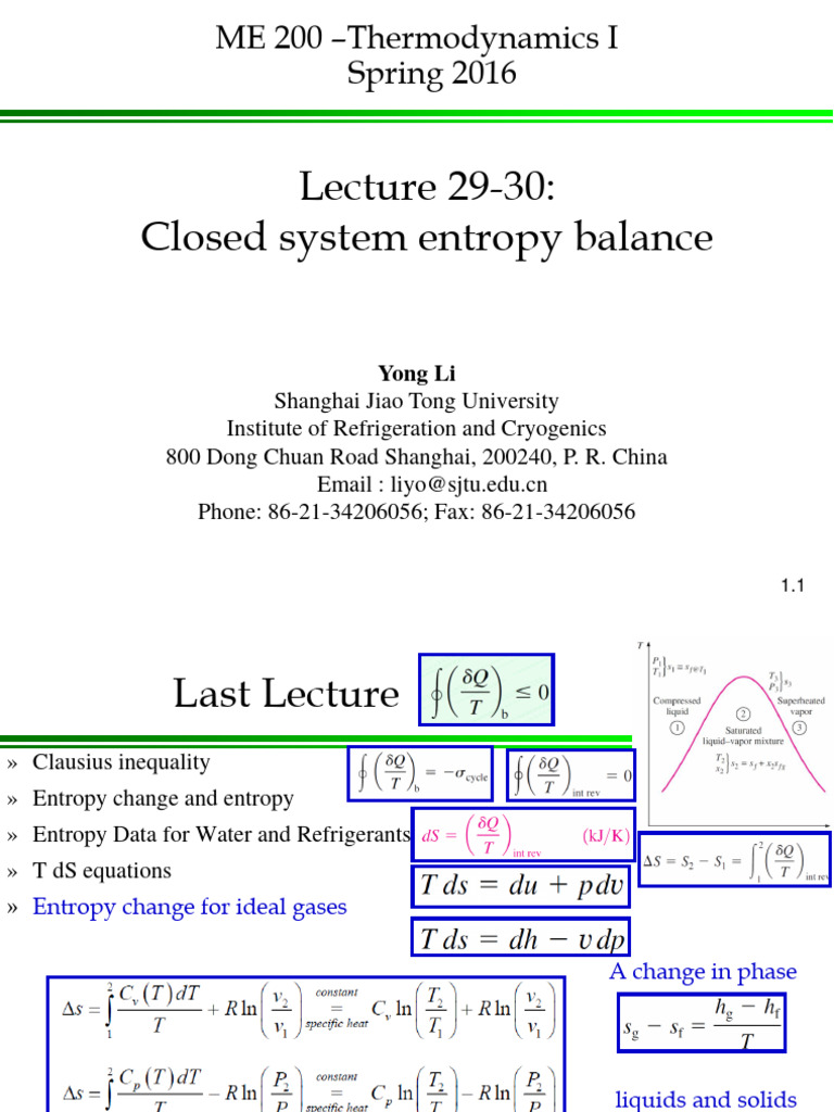 Lecture 29-30: Closed System Entropy Balance | PDF | Entropy | Heat