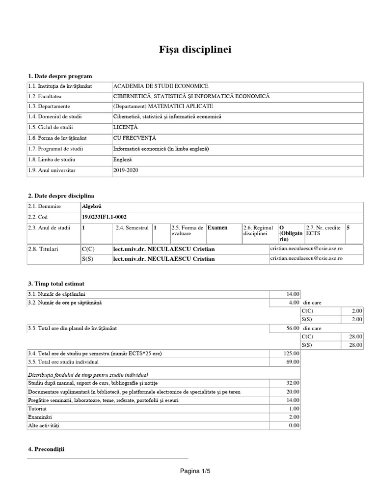 FisaDisciplina Algebra | PDF | Mathematical Objects | Linear Algebra