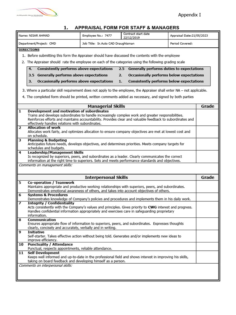 Appendix 1 (Appraisal Form For Staff Manager - Revised) | PDF ...