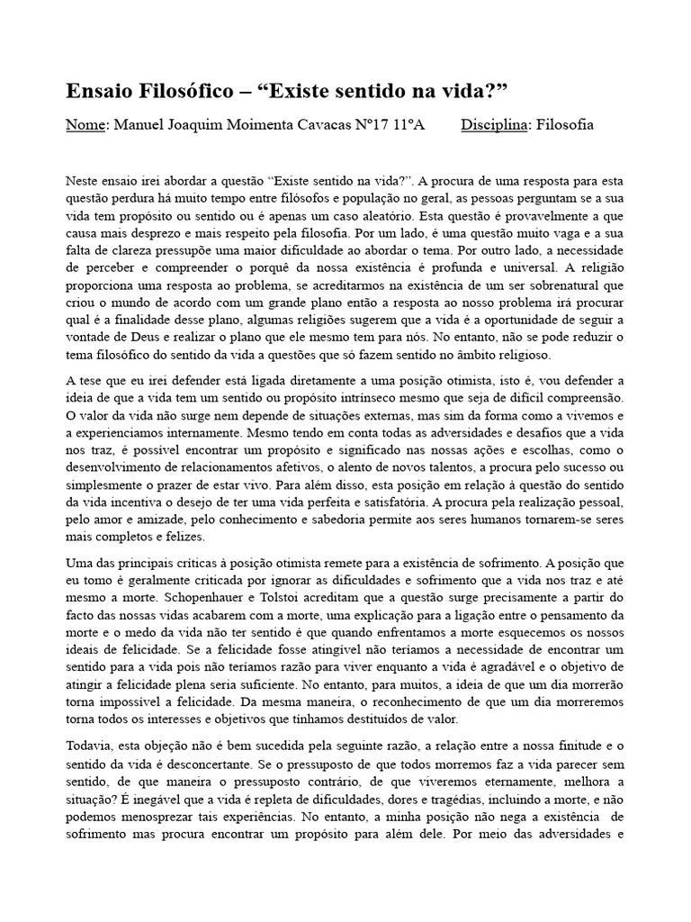 Ensaio Filosófico | PDF | Significado da vida | Vida