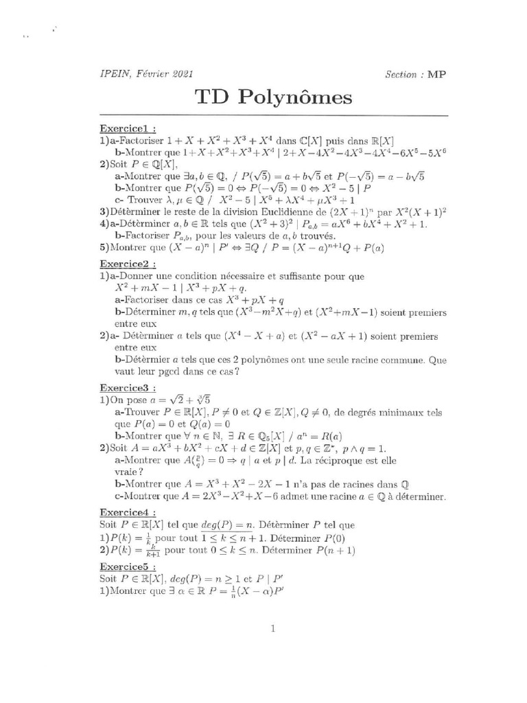 Polynomes 2021 IPEIN TD | PDF