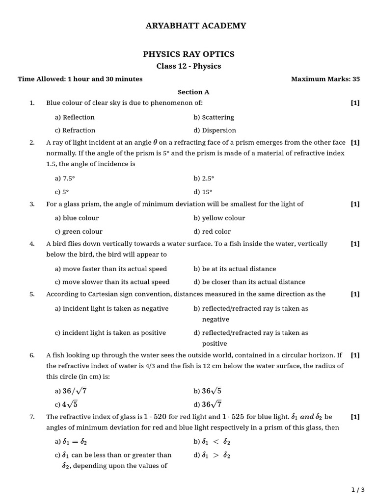 Ray Optics Questions | PDF | Refraction | Refractive Index