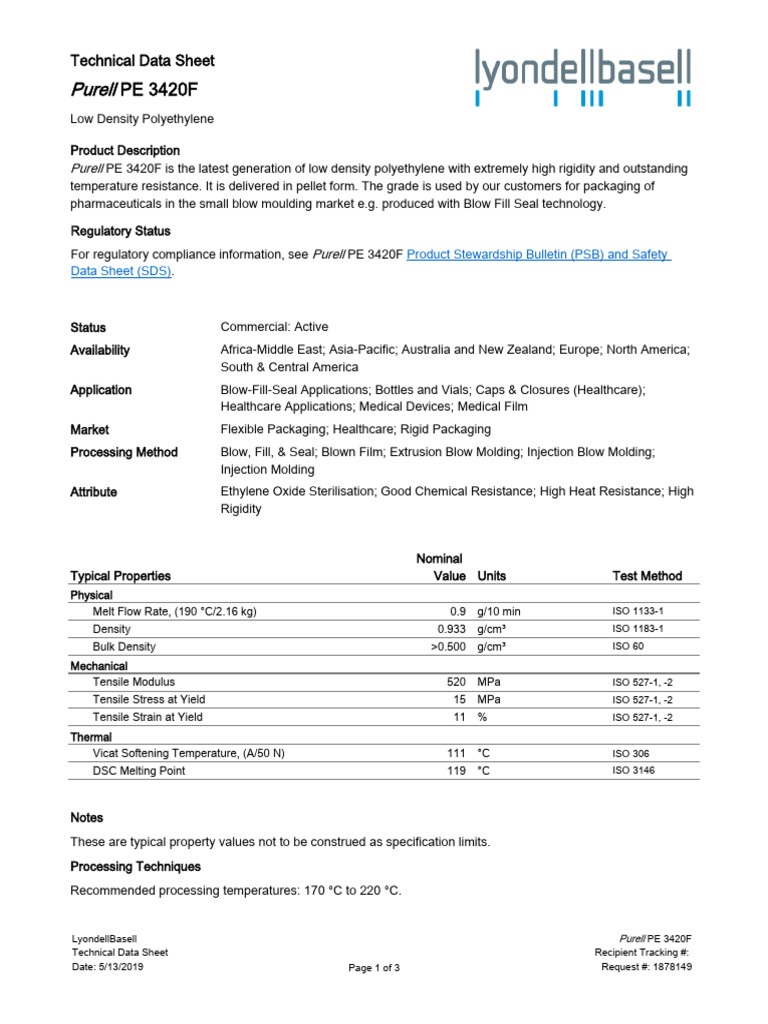 Purell PE 3420F Technical Data Sheet | PDF | Polyethylene | Industrial ...