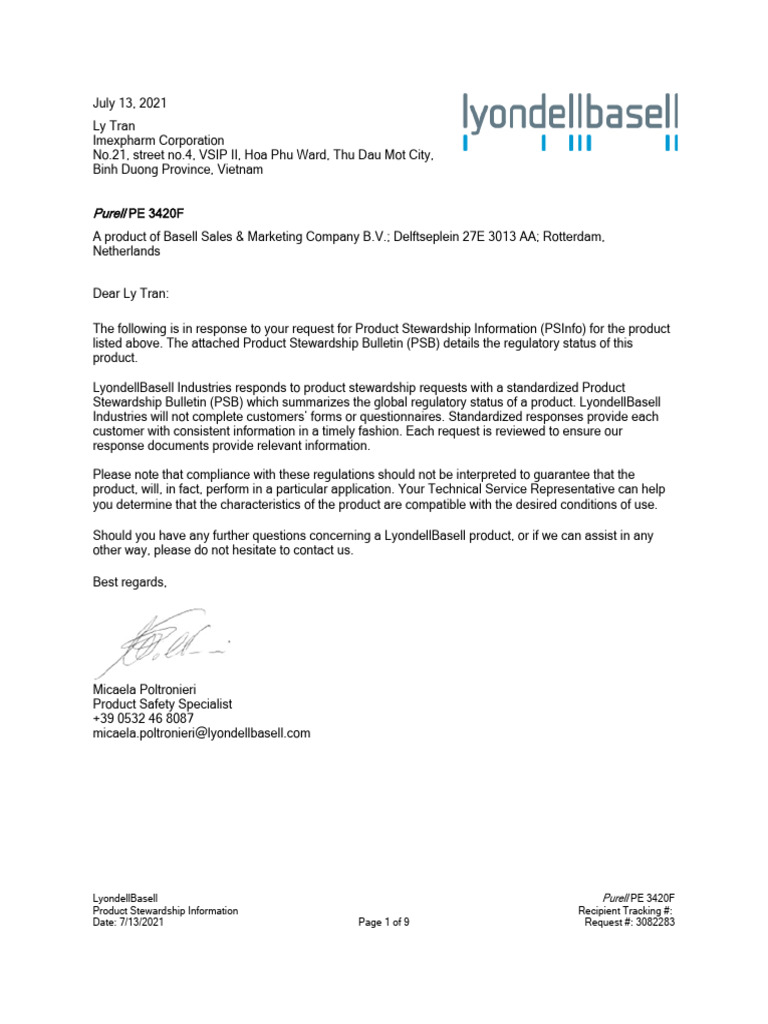 Purell PE 3420F Stewardship Bulletin | PDF | Medical Device | Food And ...