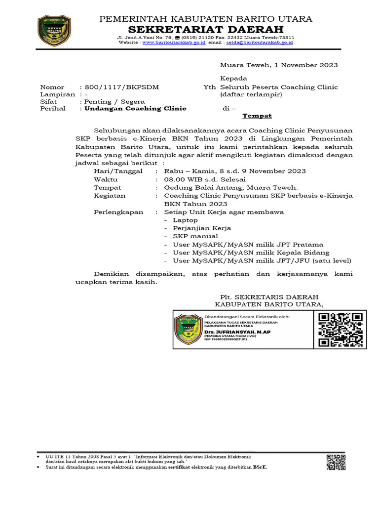 Surat Plt. Sekda Undangan Mengikuti Coaching Clinic SKP 2023-TTE - Signed | PDF