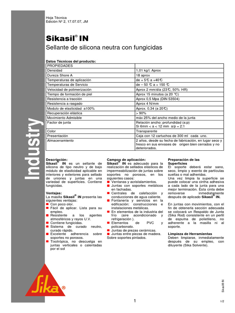 Ficha Tecnica de Las Siliconas Sikasil in | PDF | Química | Física ...