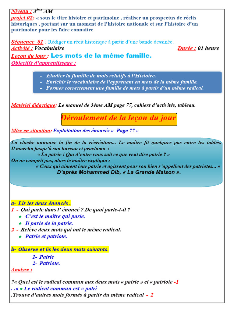 Vocabulaire Projet 02 S Quence 01 3AM | PDF