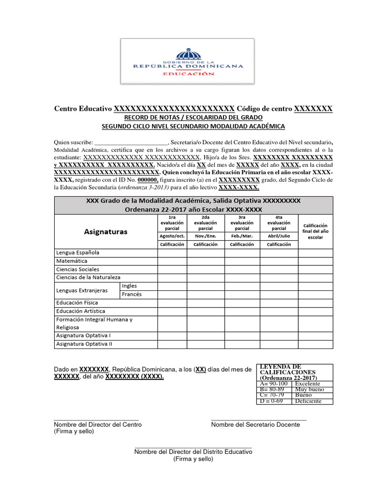 1k67 Formato de Record de Notas de Un Ano No Terminado Del Segundo ...