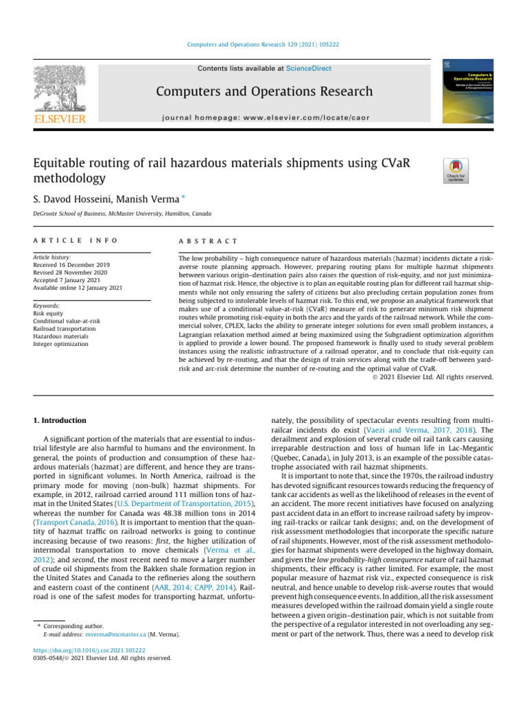 Equitable Routing of Rail Hazardous Materials Shipments Using CVaR Methodology | PDF | Value At ...
