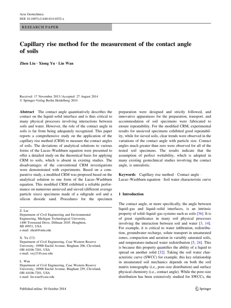 Capillary Rise Method For The Measurement of The Contact Angle of Soils ...