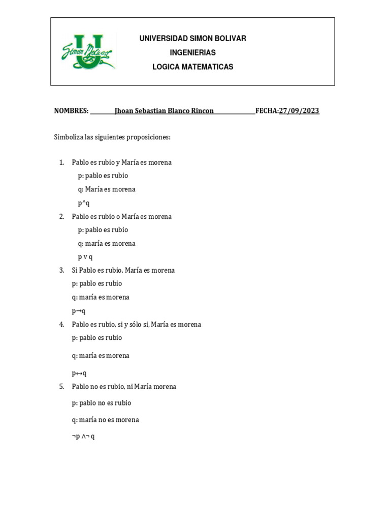 Taller Ejercicios Simbolizar Proposiciones 2023 | PDF | Proposición ...