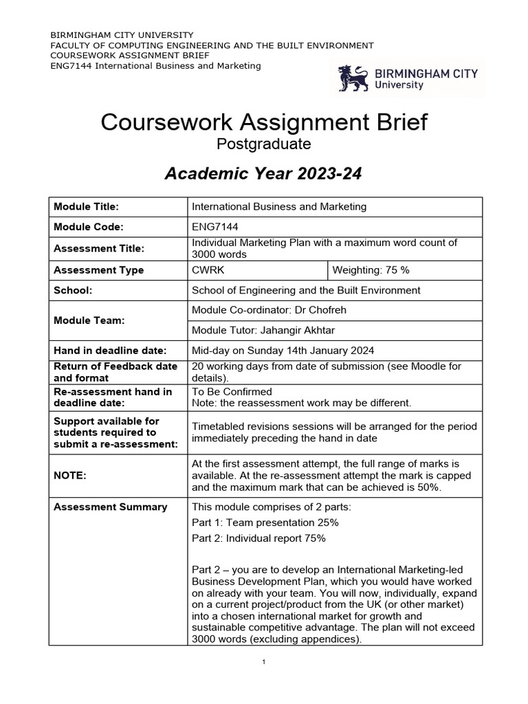 ENG7144 PG Assessment Brief Individual Marketing Plan 2023-4 S1 | PDF ...