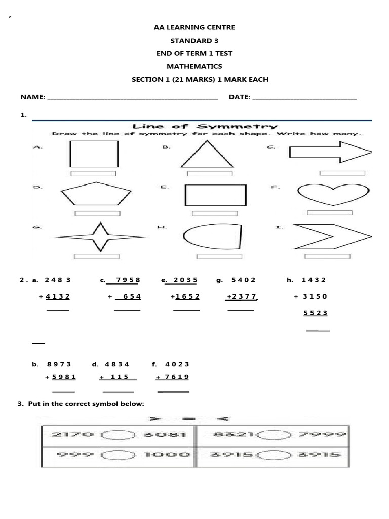STD 3 End of Term 1 Mathematics Test | PDF | Mathematics