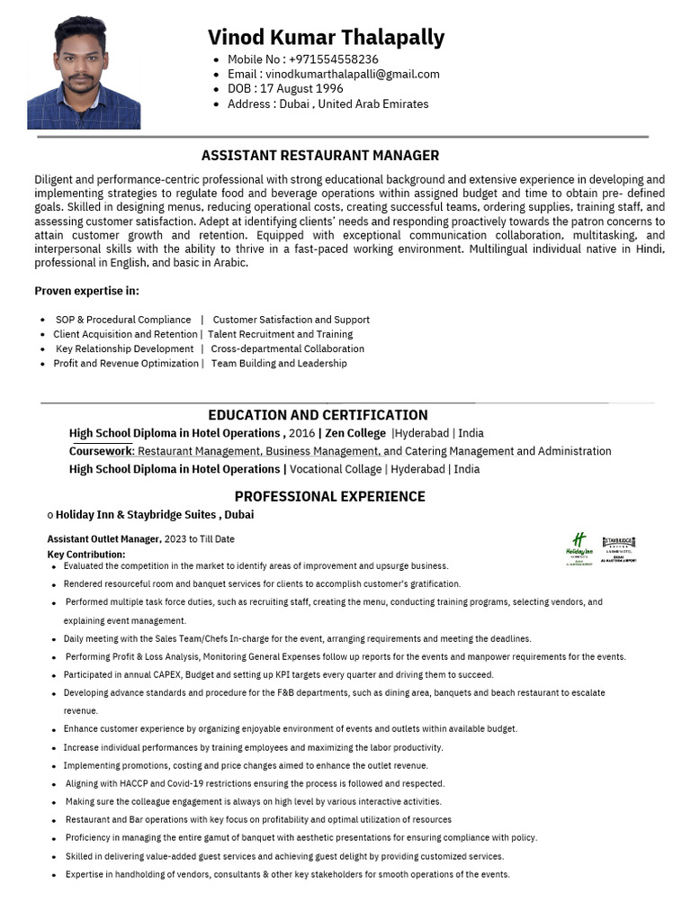 Vinod CV Updated | Download Free PDF | Restaurants | Employee Retention