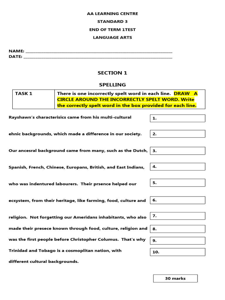 End of Term 1 Language Arts Test | PDF | Literacy | Linguistics