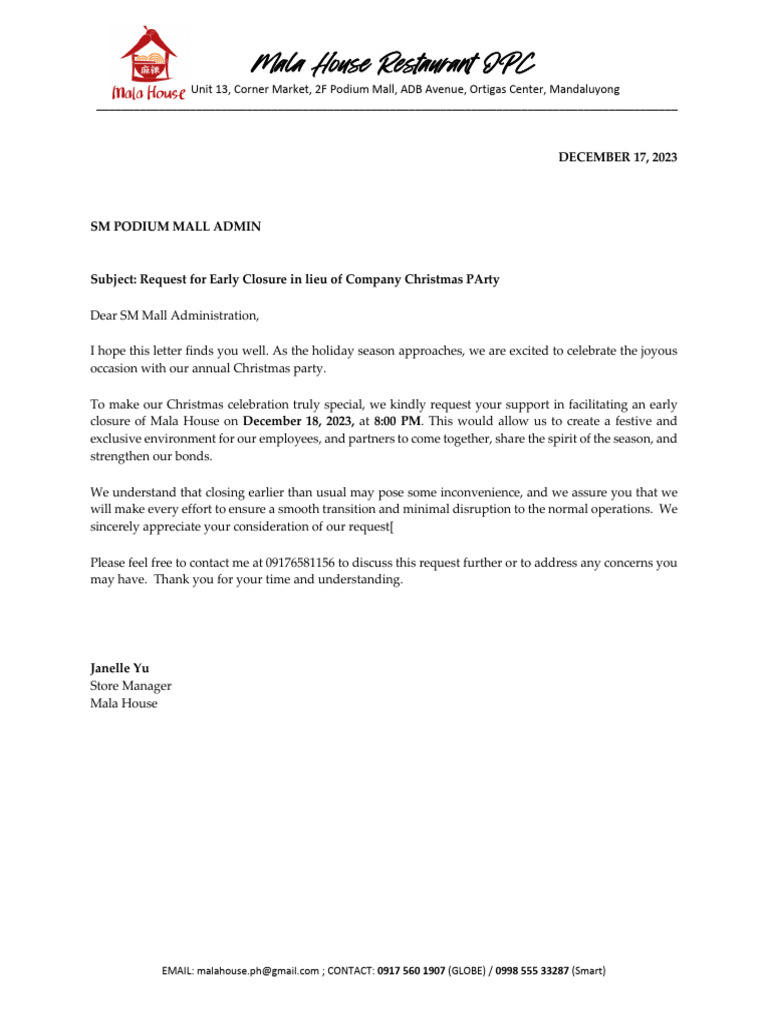 Mala House Early Closure | PDF