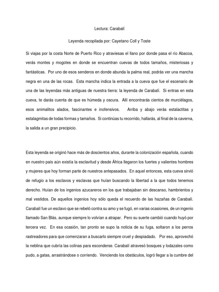 Leyenda Puertorriqueña Carabalí, Cayetano Coll y Toste | PDF