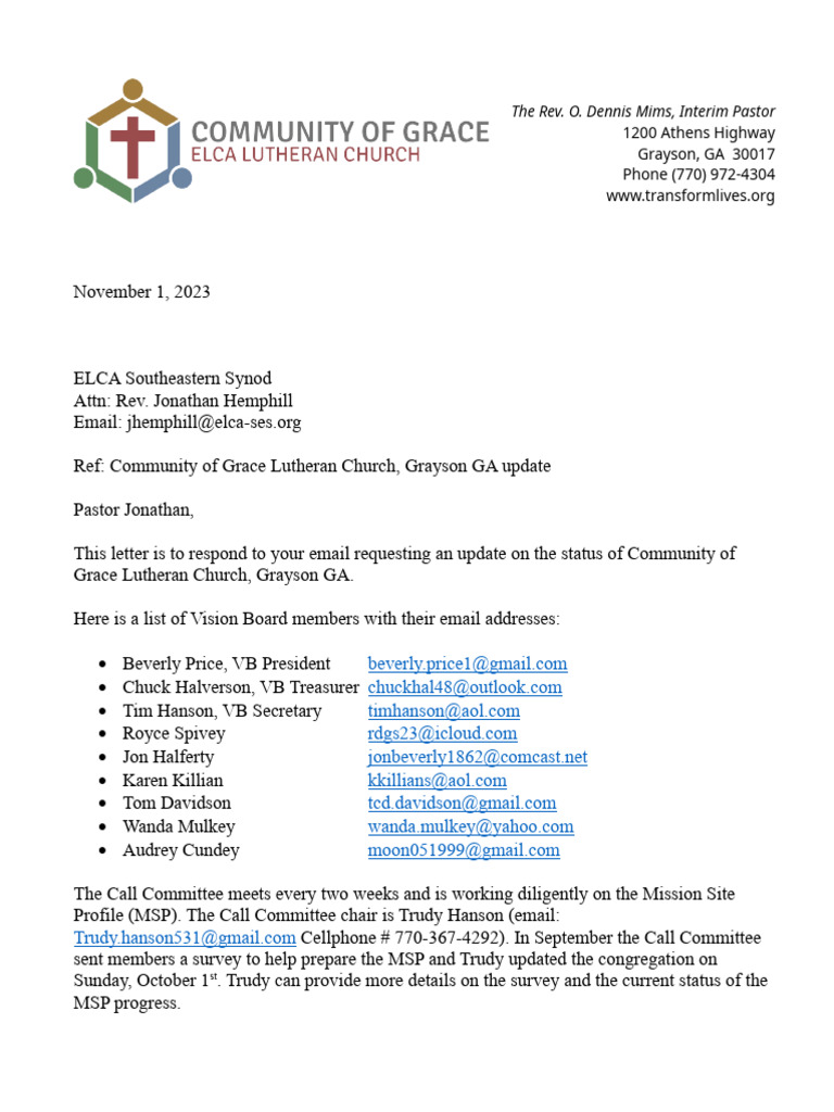 2023 Nov Pastor Dennis Letter To Rev. Jonathan Hemphill | PDF ...