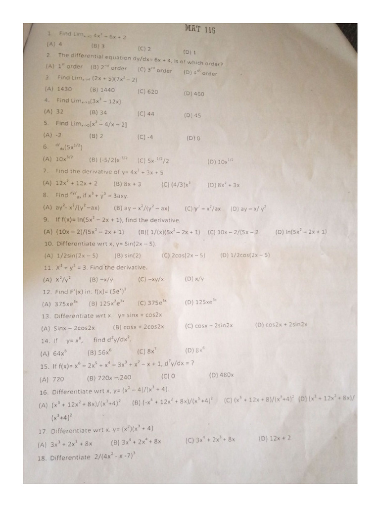 MAT115 (Questions & Answers) | PDF