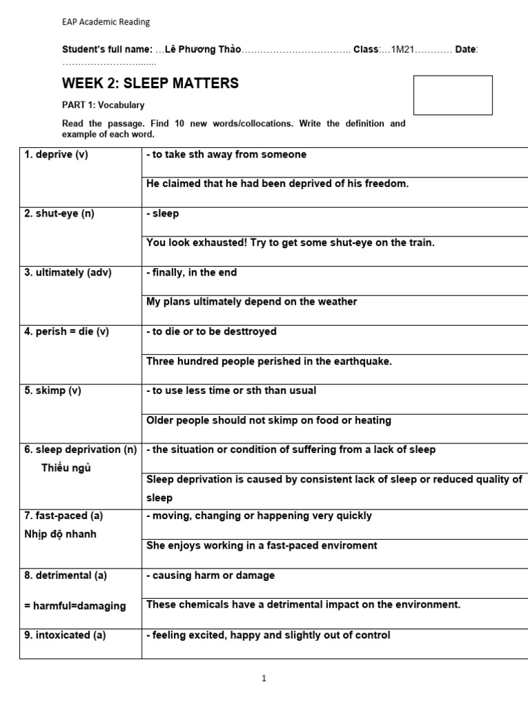 EAP Reading Worksheet Week 2 - Sleep Matters | PDF | Infection | Medicine