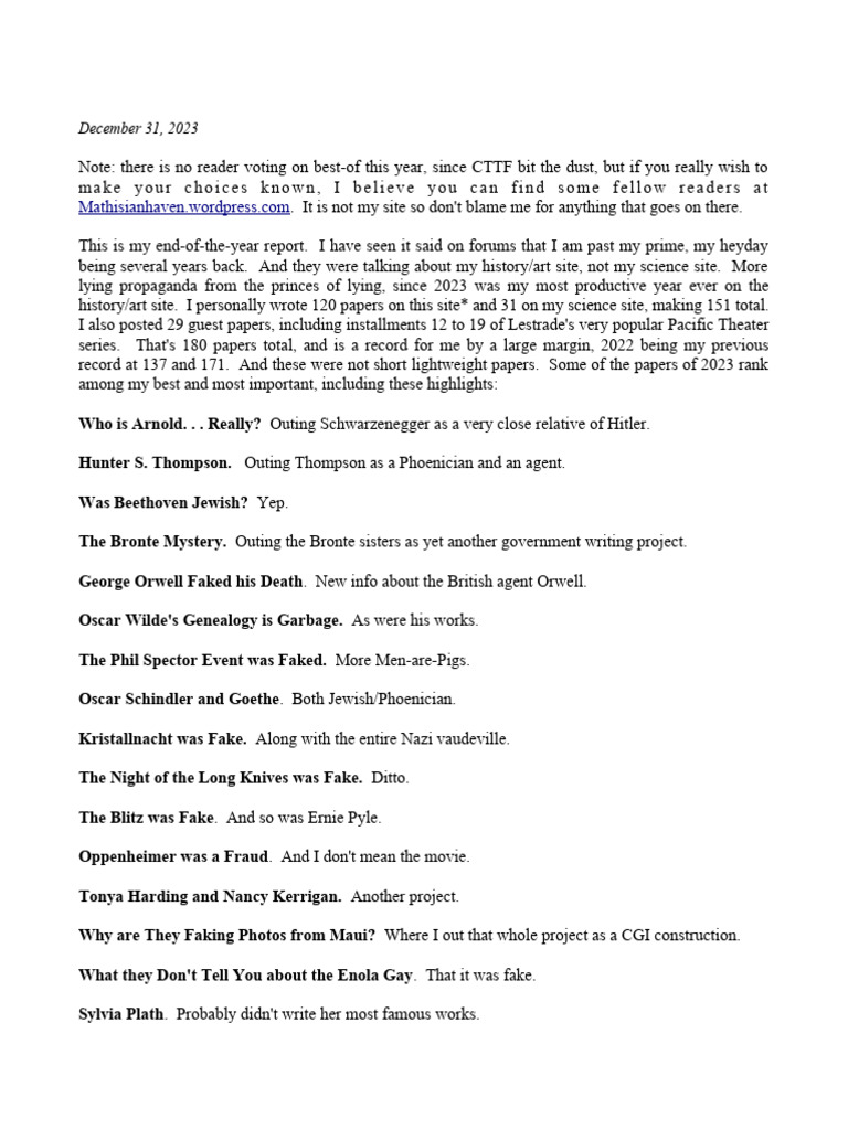 Year End 2023 Review Miles Mathis | PDF