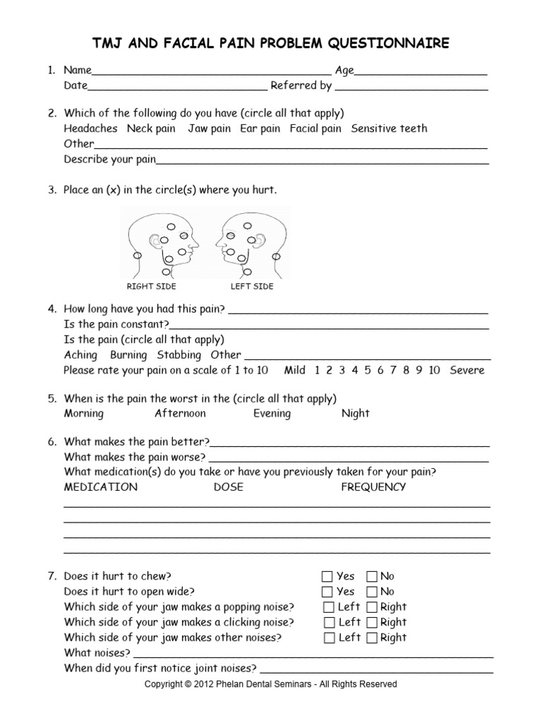 TMJ Problem Questionnaire | PDF | Pain | Clinical Medicine