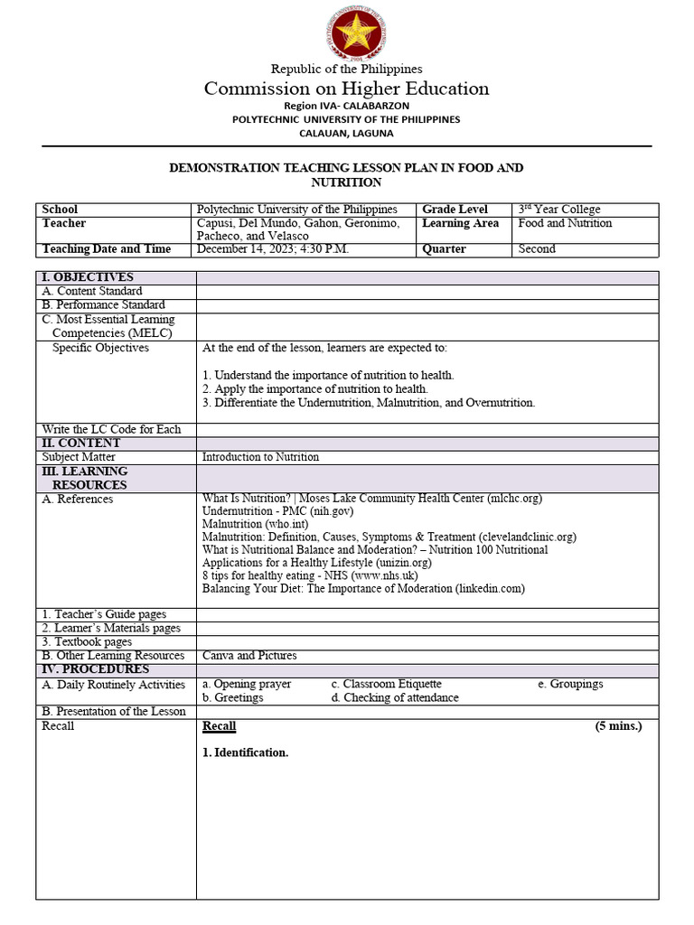 Grade 1 Nutrition Lesson Plan | PDF | Malnutrition | Nutrition