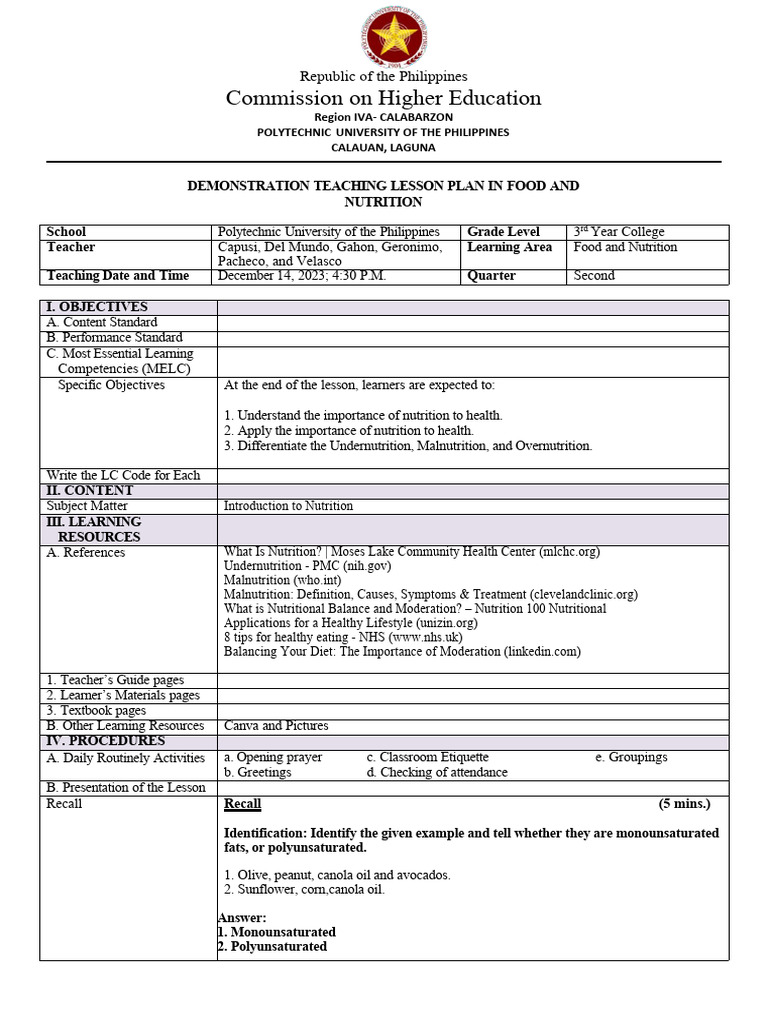 Introduction To Nutrition (Lesson Plan) - Group1 | PDF | Malnutrition ...