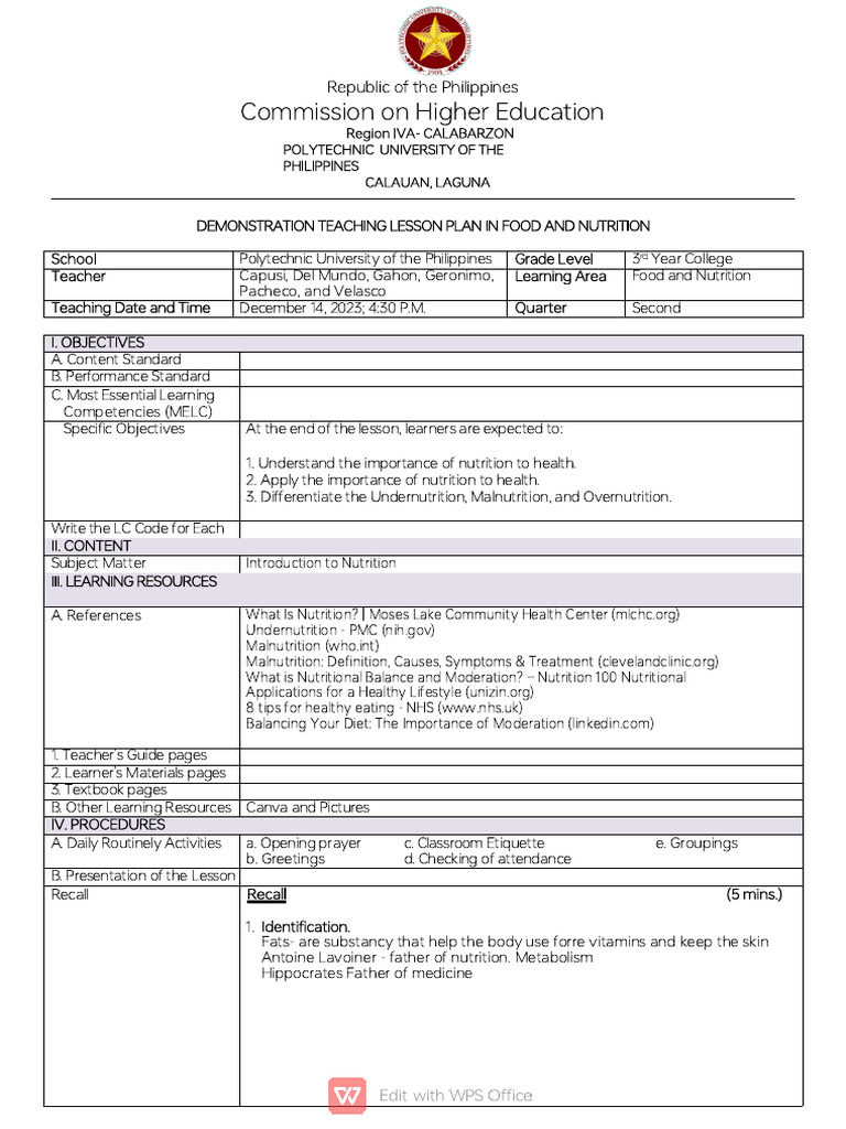 Introduction To Nutrition Lesson Plan Group1 | PDF | Malnutrition ...