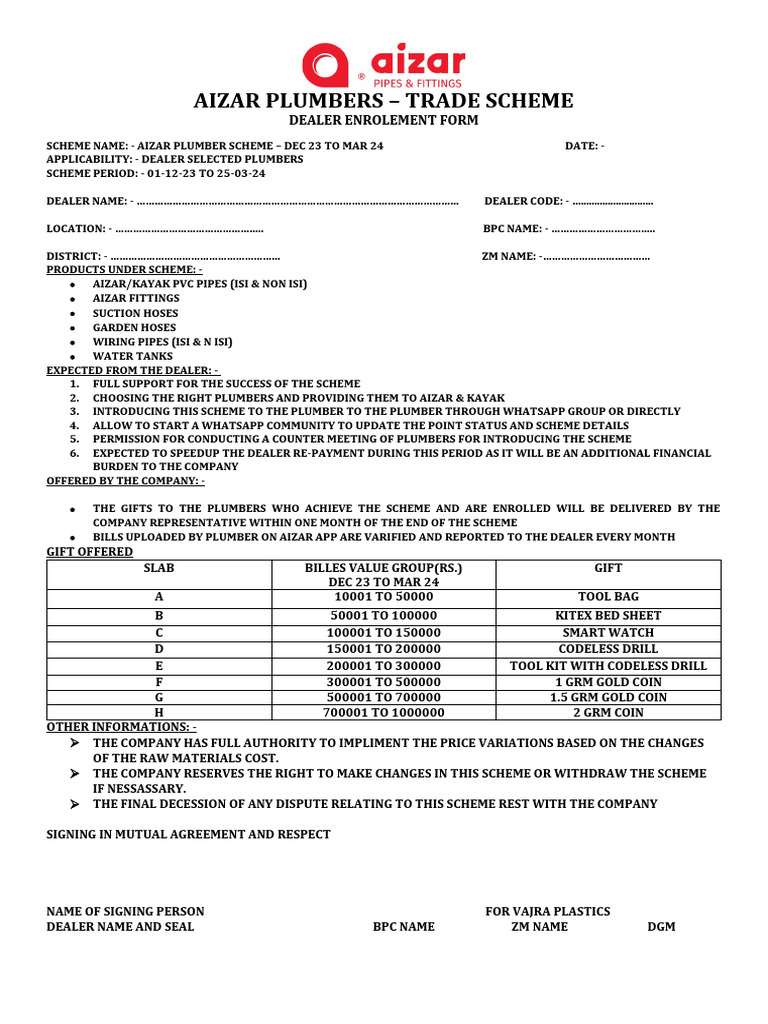 Aizar Plumber Scheme Enrollment Form | PDF | Plumbing | Building Materials