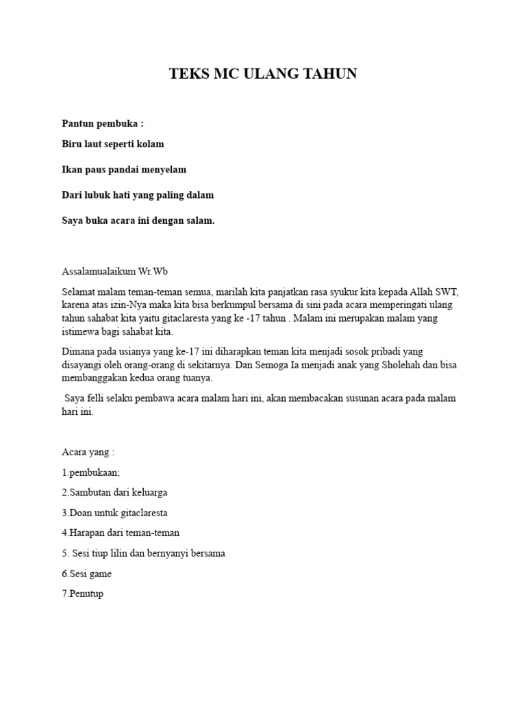 Teks MC Ultah | PDF | Memasak, Makanan, & Anggur