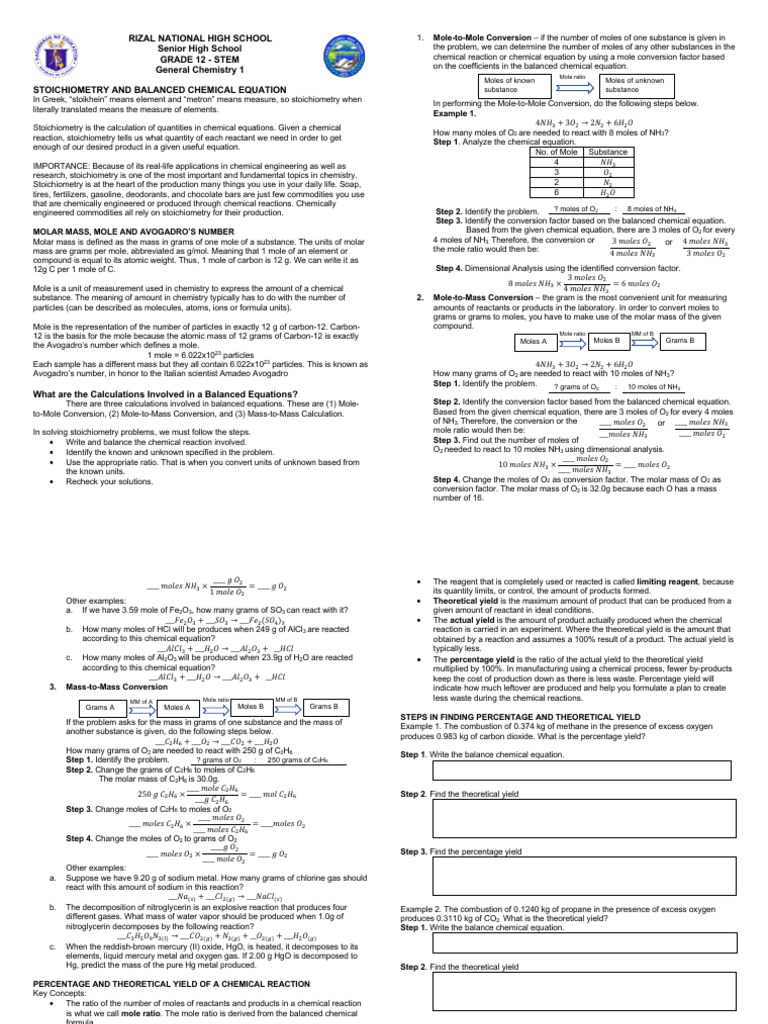 Chem Handout Stoich | PDF | Mole (Unit) | Stoichiometry