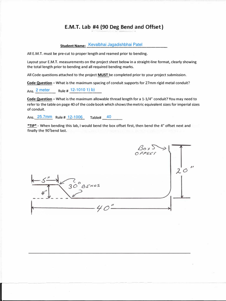 E.M.T. Lab # 4 (90 Degree Ben and Offset) | PDF