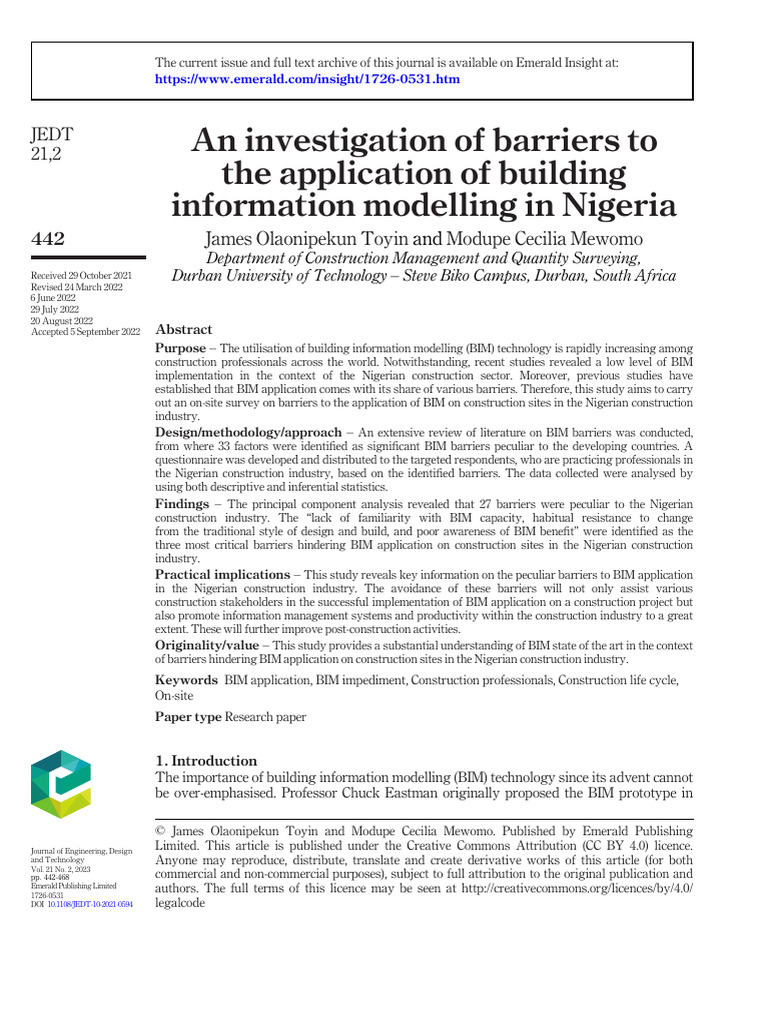 10 An investigation of barriers to the application of building information modelling in Nigeria ...