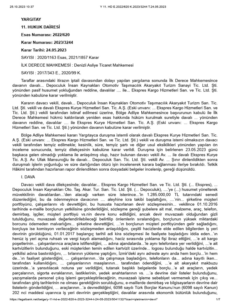 Y 11. HD E.2022 - 620 K.2023 - 3244 T.24.05.2023-Ticari Işletmenin ...