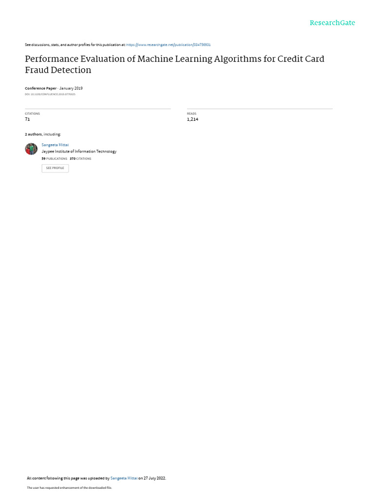 Performance Evaluation of Machine Learning Algorithms For Credit Card Fraud Detection | Download ...