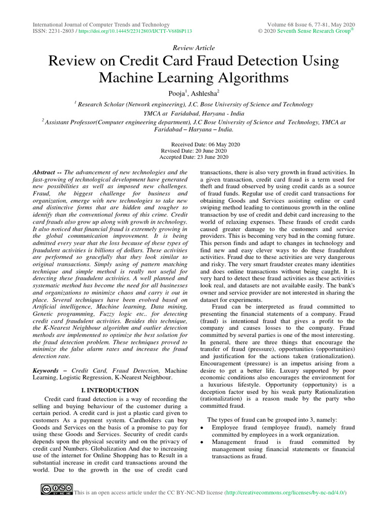 Review On Credit Card Fraud Detection Using Machine Learning Algorithms | PDF | Statistical ...