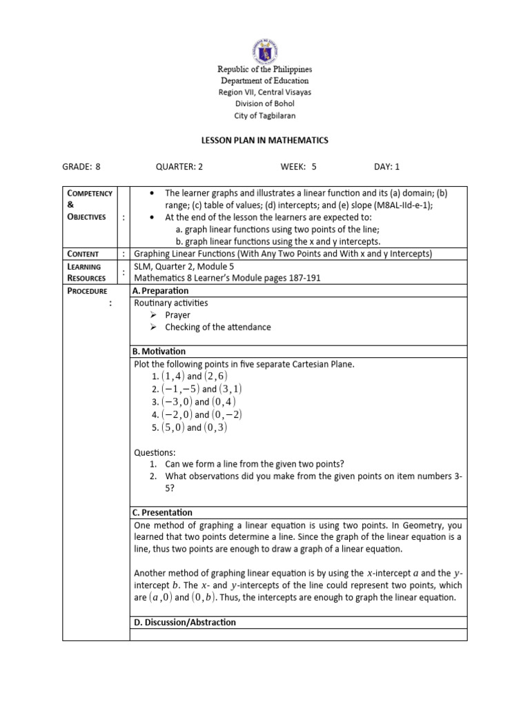 Math 8 Quarter 2 Week 5 Lesson Plan | PDF | Slope | Function (Mathematics)