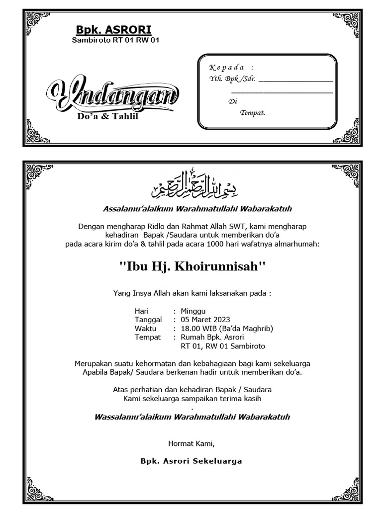 Undangan Tahlil 1000 Hari A4 | PDF