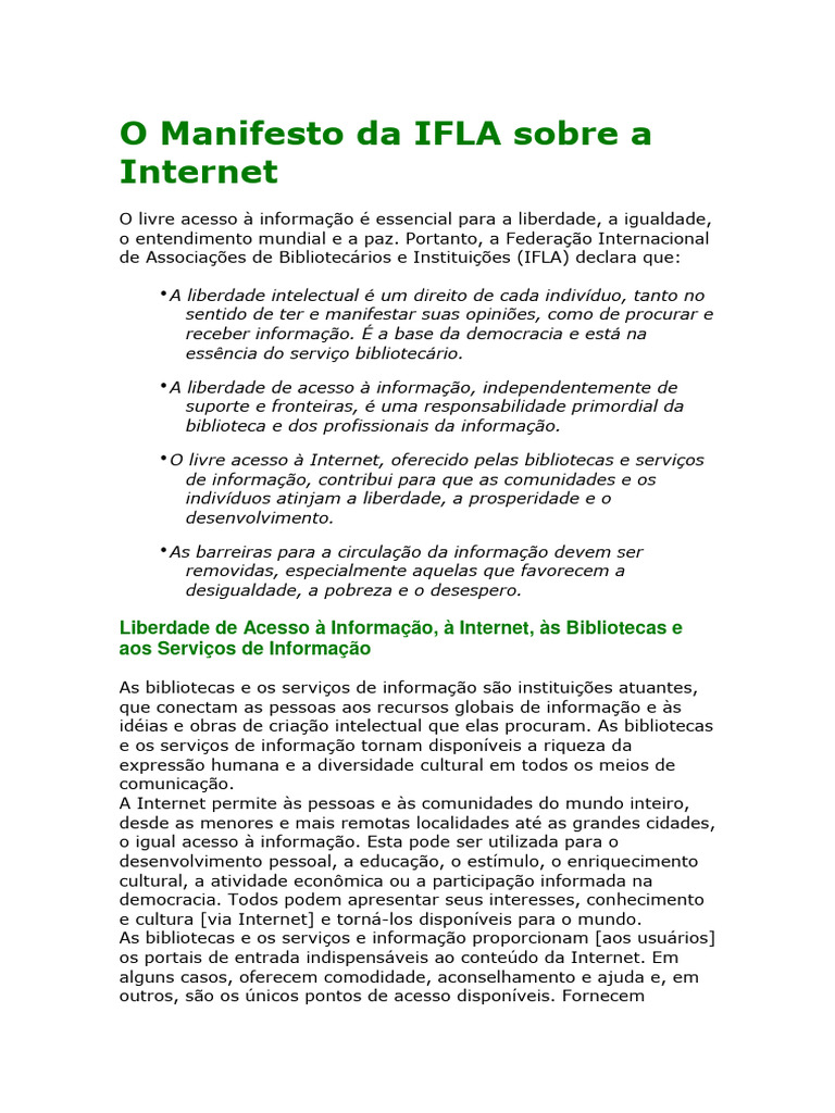 Manifesto Da IFLA Sobre A Internet | PDF