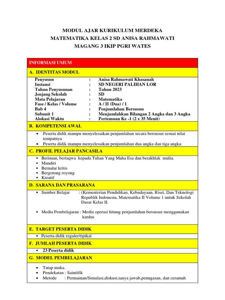 Modul Ajar MTK Kls 2 - Anisa Rahma | PDF