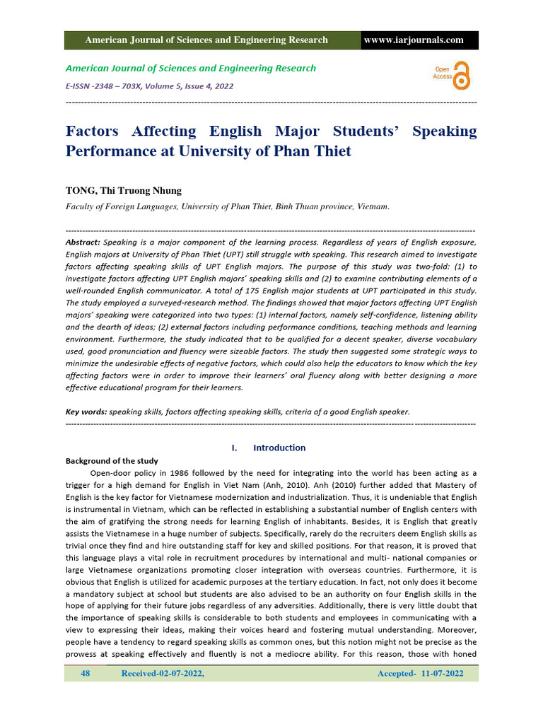 Factors Affecting English Major Students' Speaking Performance at University of Phan Thiet | PDF ...