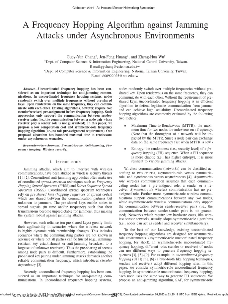 2014 A Frequency Hopping Algorithm Against Jamming Attacks Under Asynchronous Environments Pdf