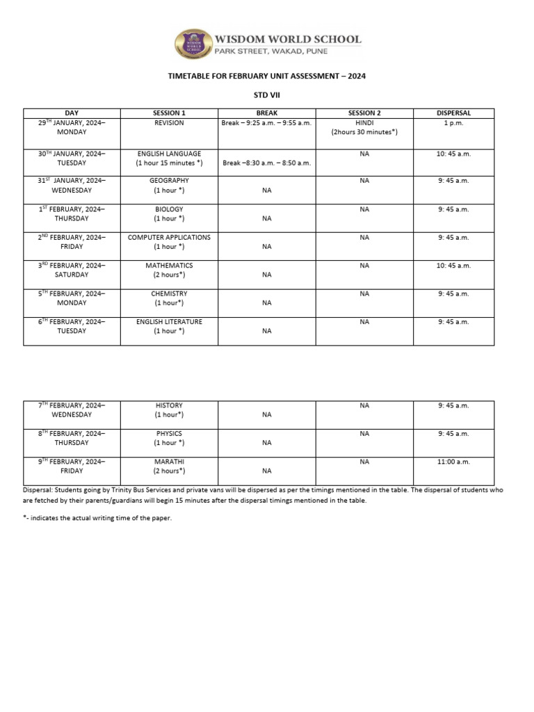 Fjbzr6wn50 - Class 7 Timetable - Fua 2024 | PDF