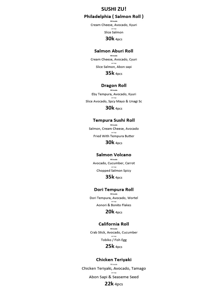 Sushi Zu! Menu | PDF