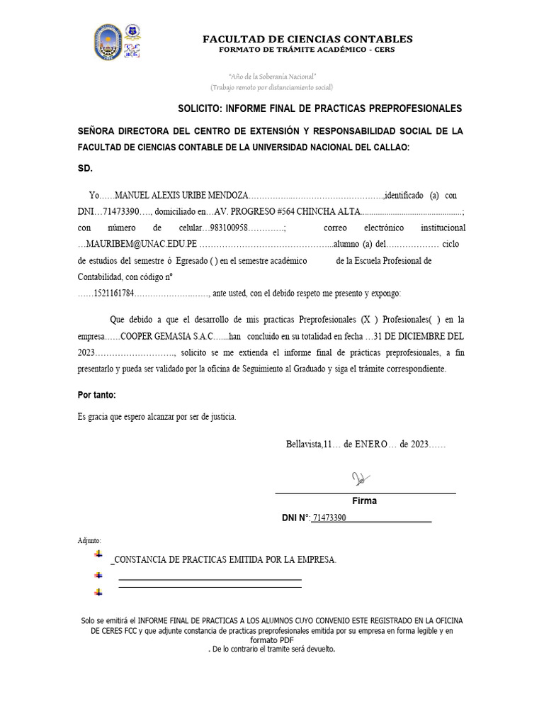 Formato de Solicitud de Informe Final de Practicas | PDF