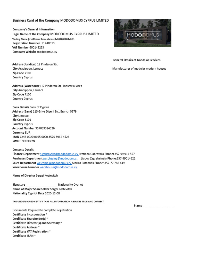 MODODOMUS CY Company Card - Details | PDF