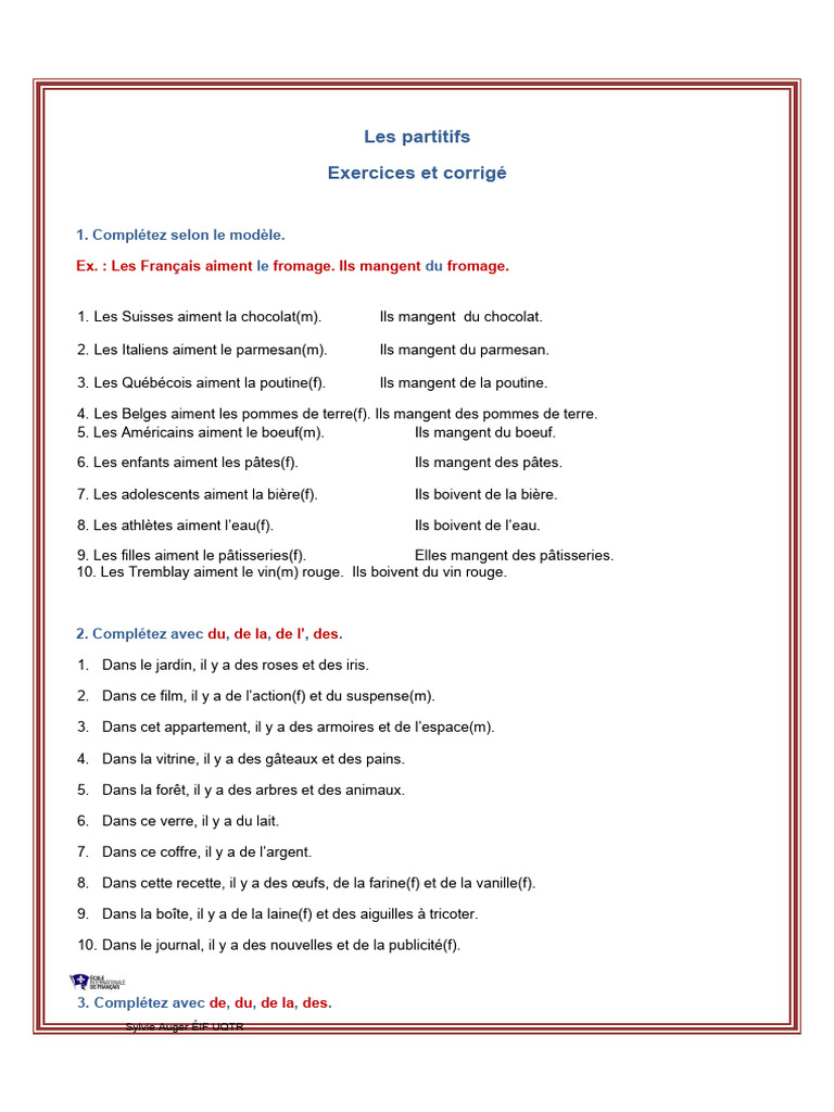 Exercices sur les articles partitifs | PDF | Soupe | sauce
