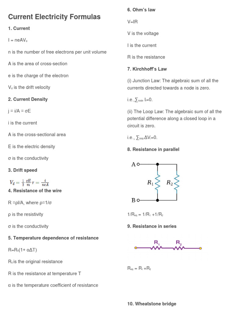 Current Electricity Formulas Overview | PDF | Electrical Resistance And ...